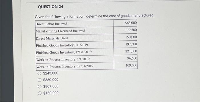 Solved Given the following information, determine the cost | Chegg.com