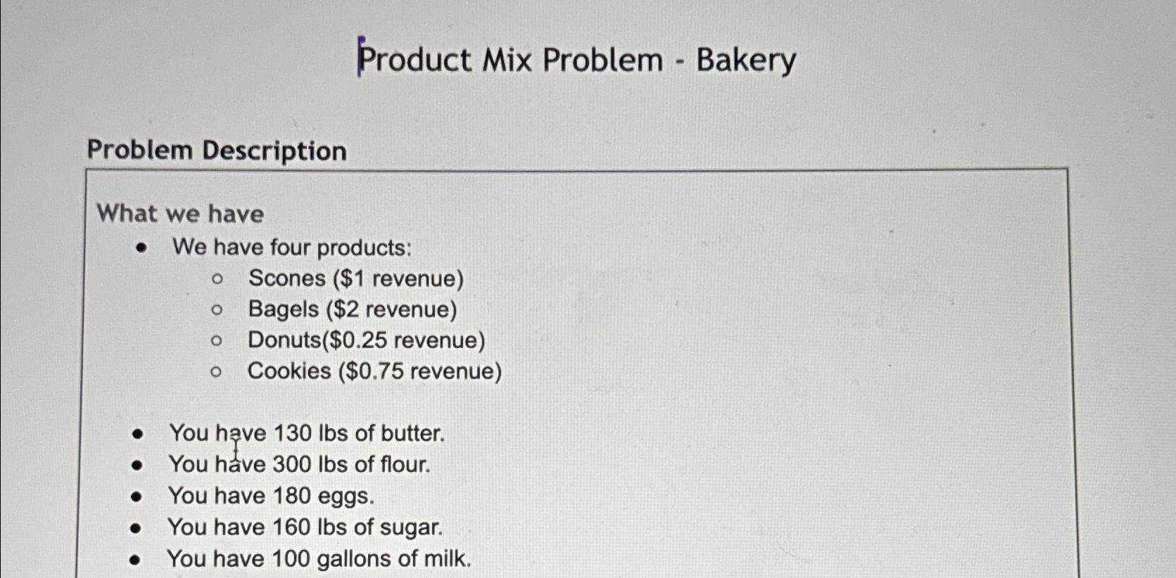 Solved Product Mix Problem - ﻿BakeryProblem DescriptionWhat | Chegg.com