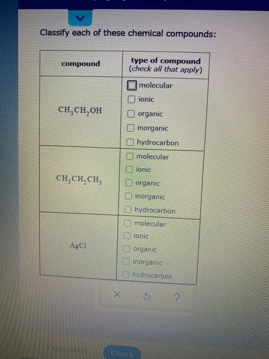 Solved Classify each of these chemical compounds: compound | Chegg.com