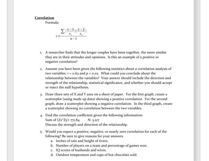 Solved Correlation Formula: r=n−1∑(syx−xˉ)(syy−yˉ) 1. A | Chegg.com