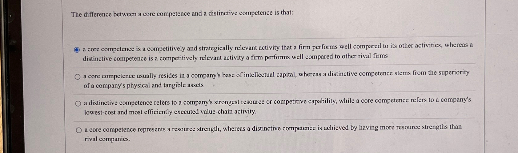 Solved The difference between a core competence and a | Chegg.com