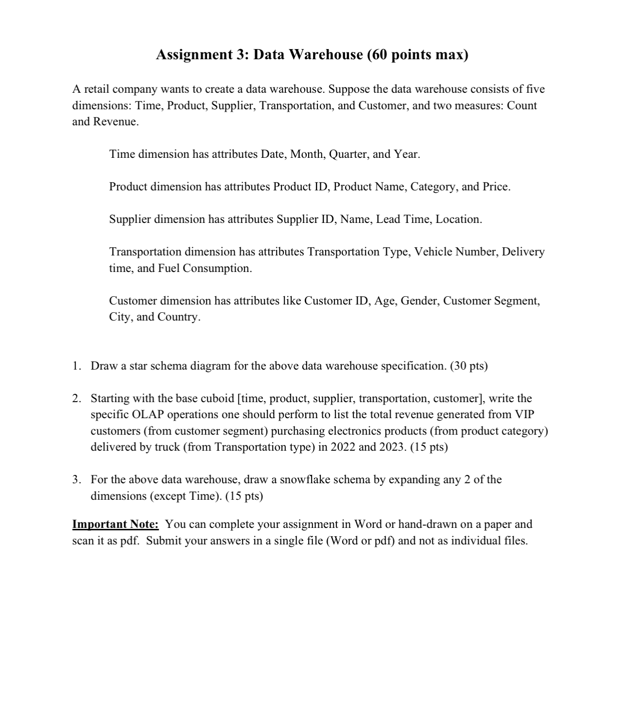 Solved Assignment 3: Data Warehouse ( 60 ﻿points max)A | Chegg.com