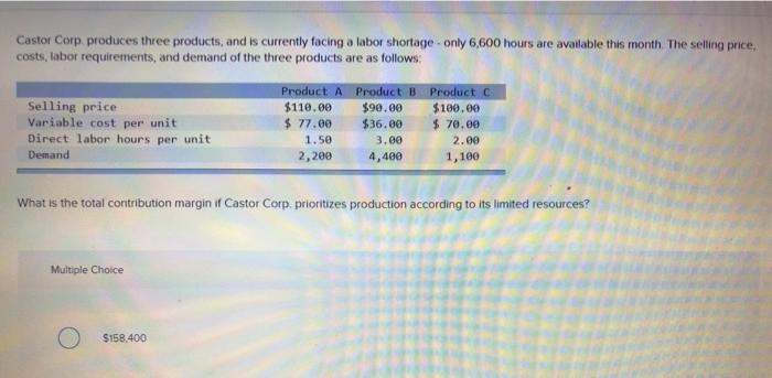 Solved Castor Corp produces three products, and is currently | Chegg.com