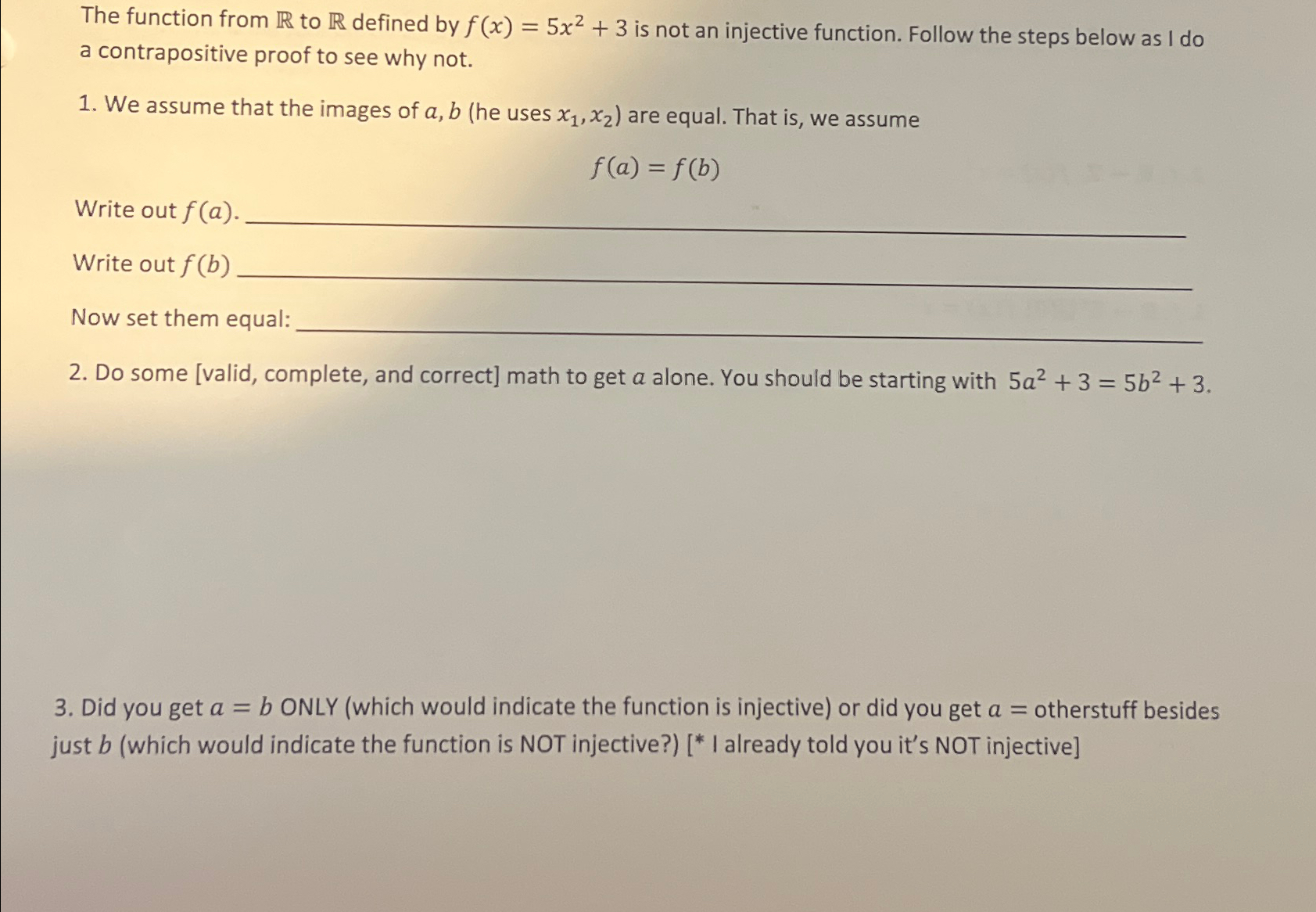 Solved The function from R ﻿to R ﻿defined by f(x)=5x2+3 ﻿is | Chegg.com