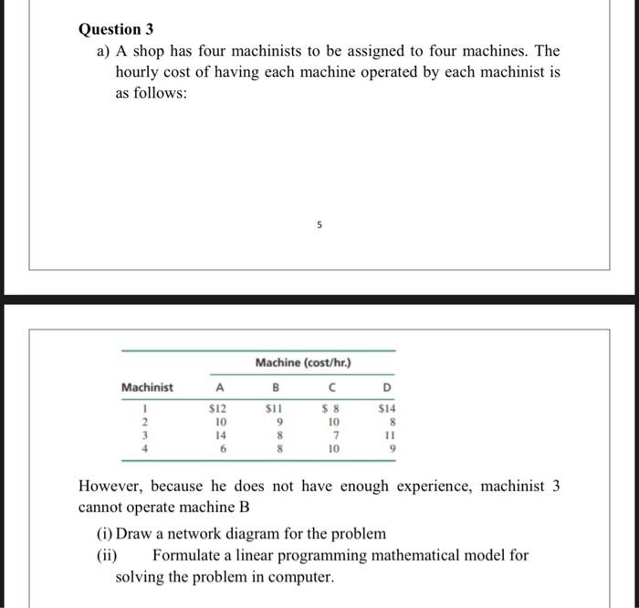 Solved Question 3 a) A shop has four machinists to be | Chegg.com