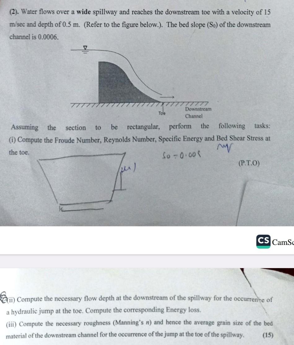 Solved (2). Water flows over a wide spillway and reaches the | Chegg.com