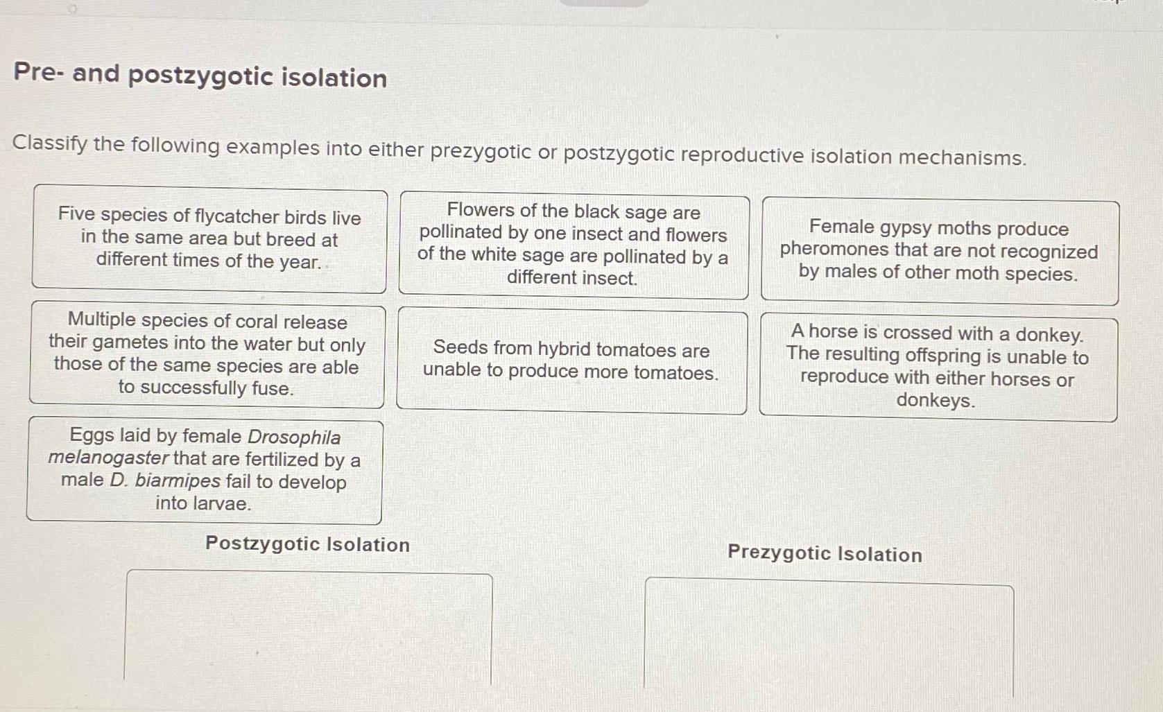 Solved Pre- ﻿and postzygotic isolationClassify the following | Chegg.com