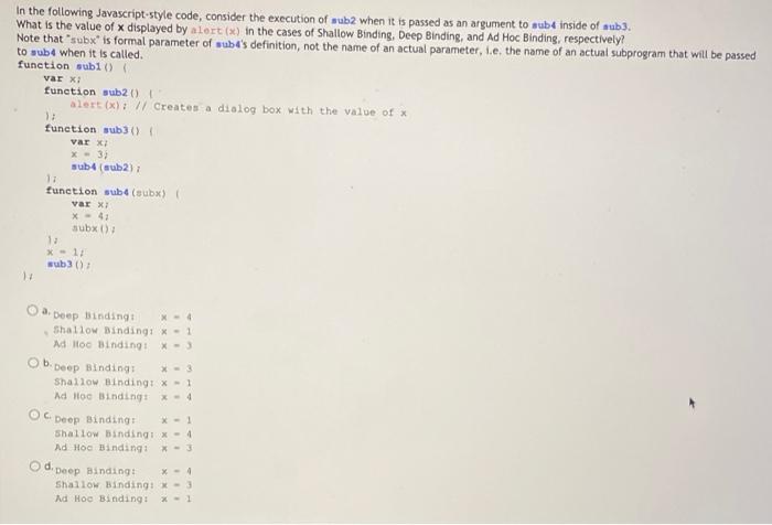 Solved In the following Javascript-style code, consider the | Chegg.com