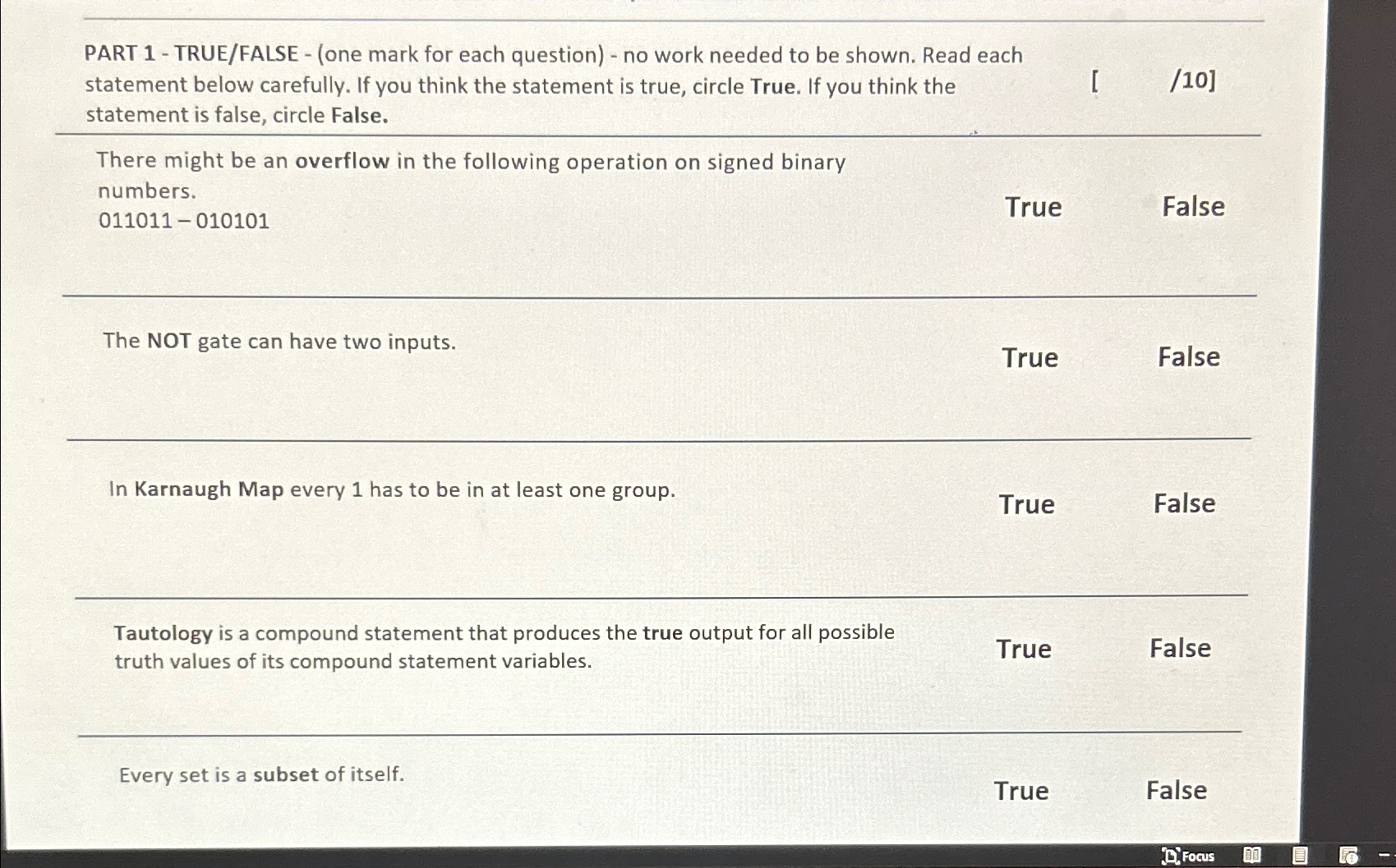 Solved PART 1 - ﻿TRUE/FALSE - (one mark for each question) - | Chegg.com