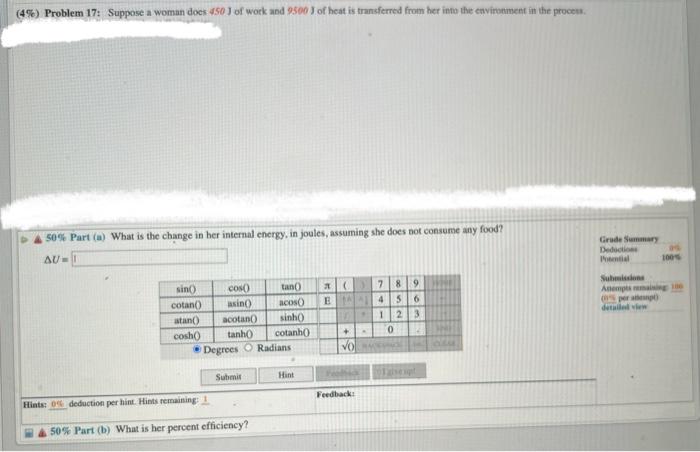 Solved (4\%) Problem 17: Suppose a woman does 450 J of work | Chegg.com