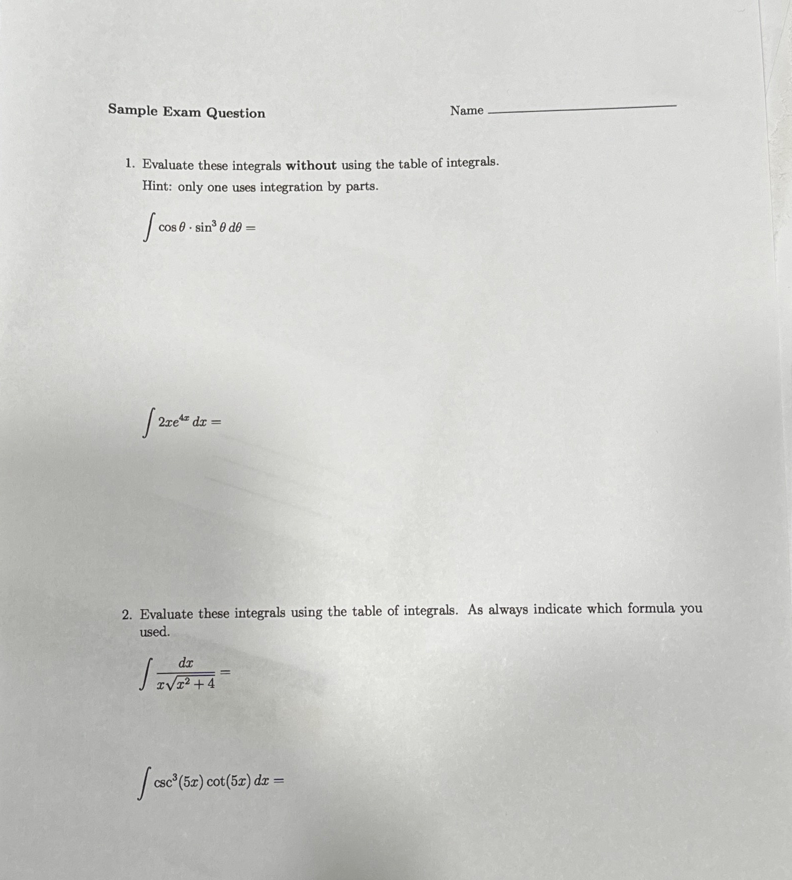 Solved Sample Exam QuestionNanEvaluate these integrals | Chegg.com