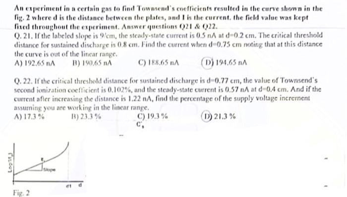An experiment in a certain gas to find Townsend's | Chegg.com