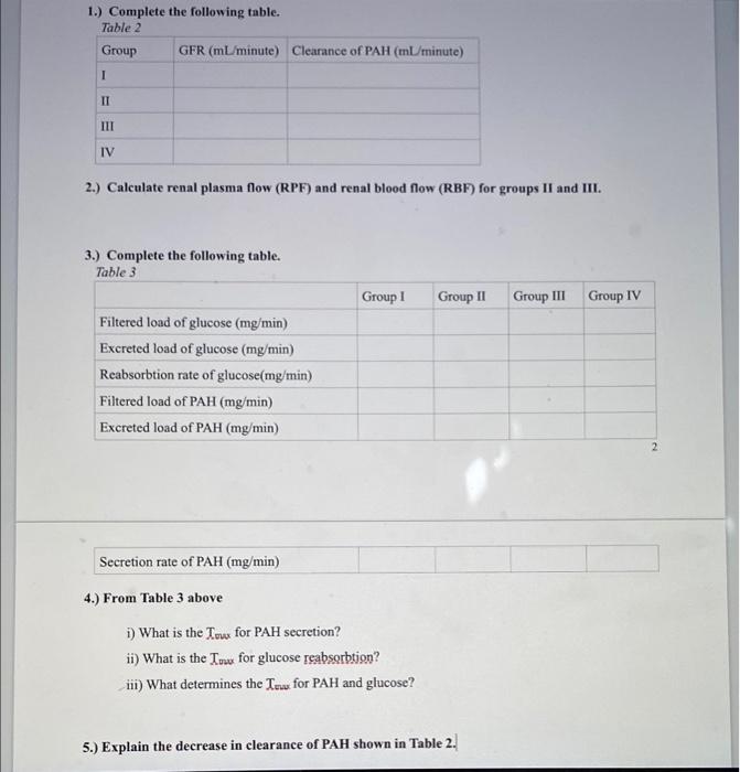 Renal Function: Data Analysis Questions Four matched | Chegg.com