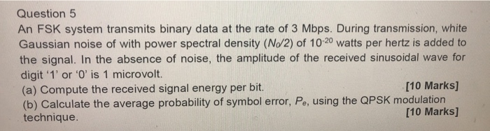 Solved Question 5 An FSK system transmits binary data at the | Chegg.com