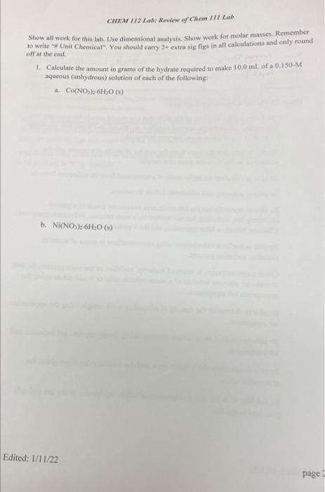 Solved CHEM 112 Lah: Review of Chem 11 Lab Show all work for | Chegg.com