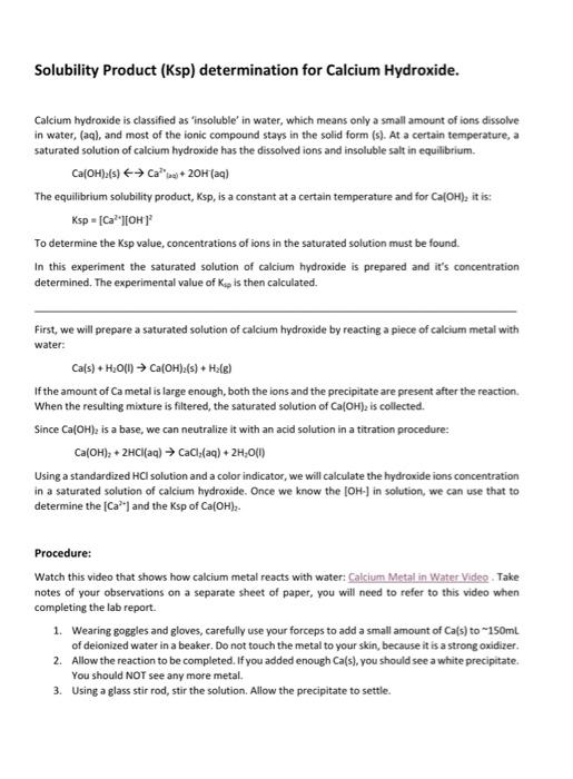 Solved Solubility Product (Ksp) determination for Calcium | Chegg.com