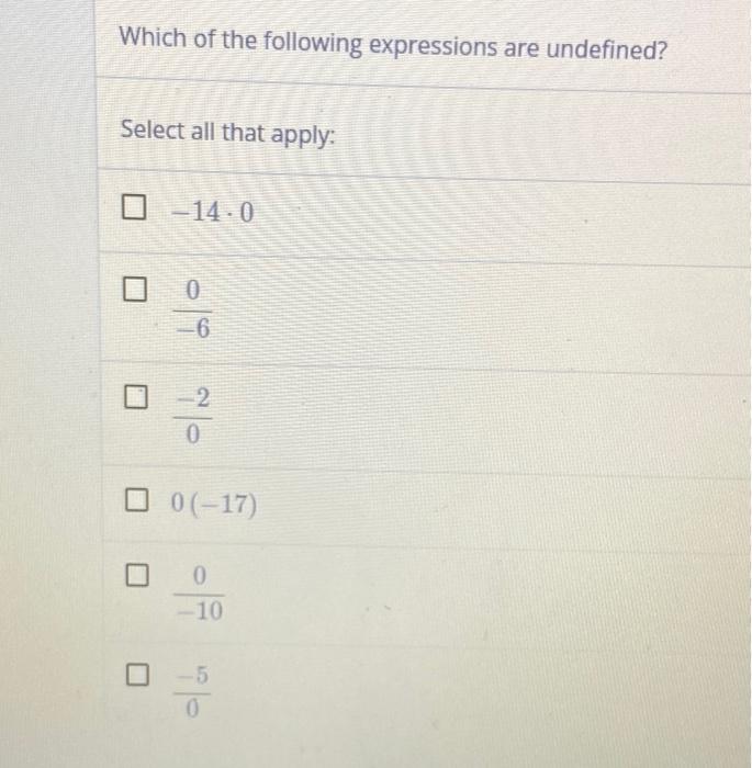 Solved Which of the following expressions are undefined? | Chegg.com