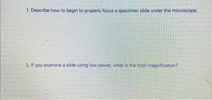 Solved 1. Describe how to begin to properly focus a specimen | Chegg.com
