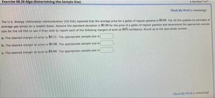 Solved Exercise 08.26 Algo (Determining the Sample Size) • | Chegg.com