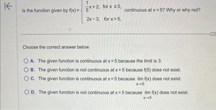 Solved Is the function given by f(x)={51x+2,2x−3, for x≤5, | Chegg.com