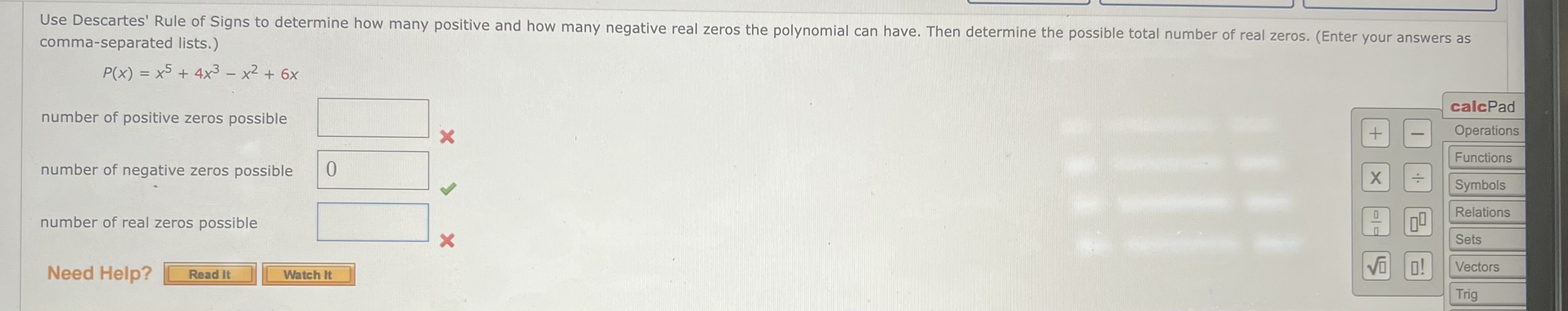 Solved comma-separated lists.)P(x)=x5+4x3-x2+6xnumber of | Chegg.com