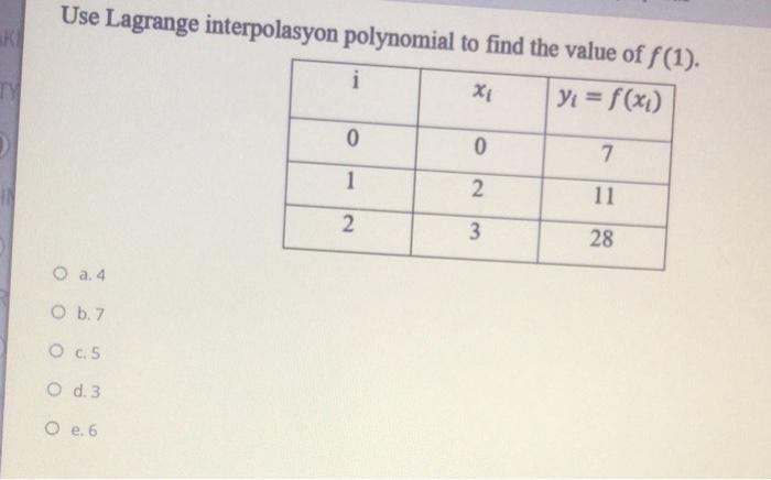 Solved K Use Lagrange interpolasyon polynomial to find the | Chegg.com