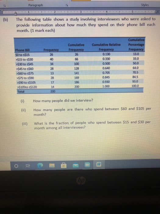 Solved Paragraph Styles 1 2. 1 3 (b) The following table | Chegg.com