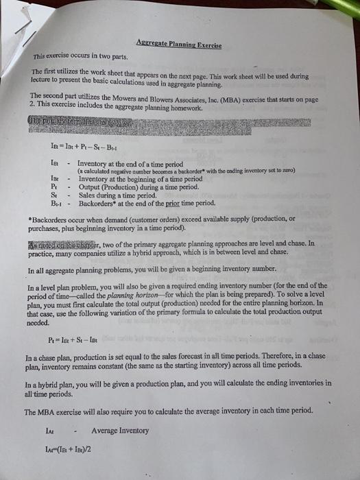 Solved Aggregate Planning Exercise This exercise occurs in | Chegg.com