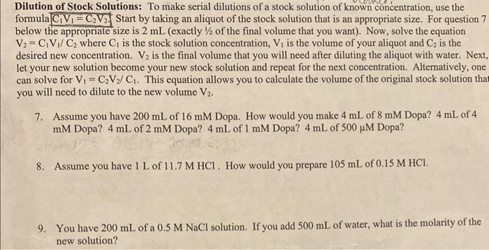Solved Dilution of Stock Solutions: To make serial dilutions | Chegg.com