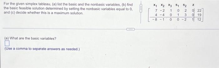 Solved For the given simplex tableau, (a) list the basic and | Chegg.com