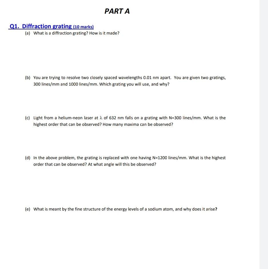 Solved Q1. Diffraction grating ( 10 marks) (a) What is a | Chegg.com