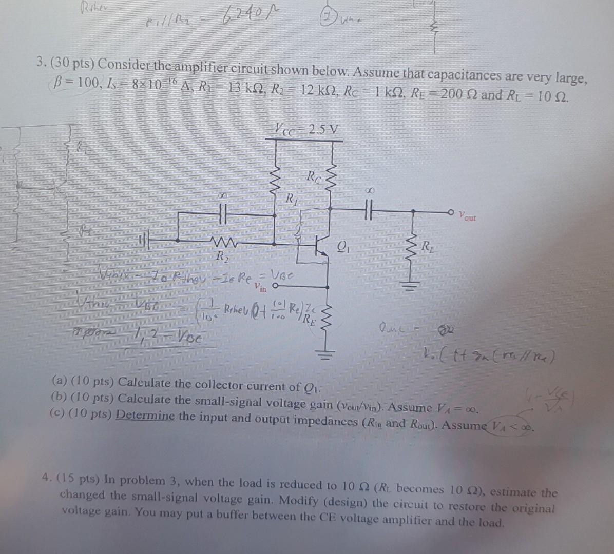 Solved 3. (30 pts) Consider the amplifier circuit shown | Chegg.com