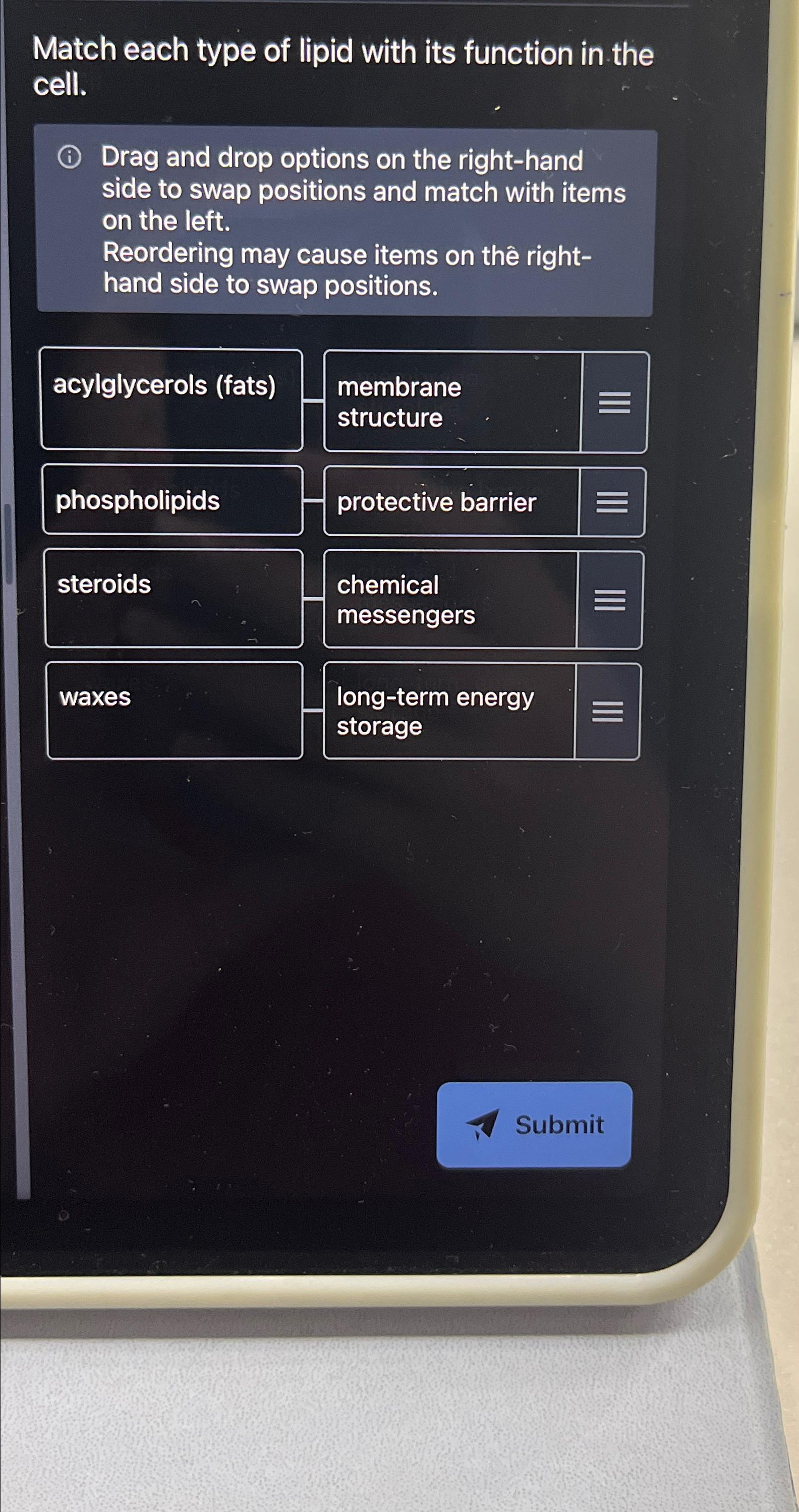 Solved Match each type of lipid with its function in the | Chegg.com