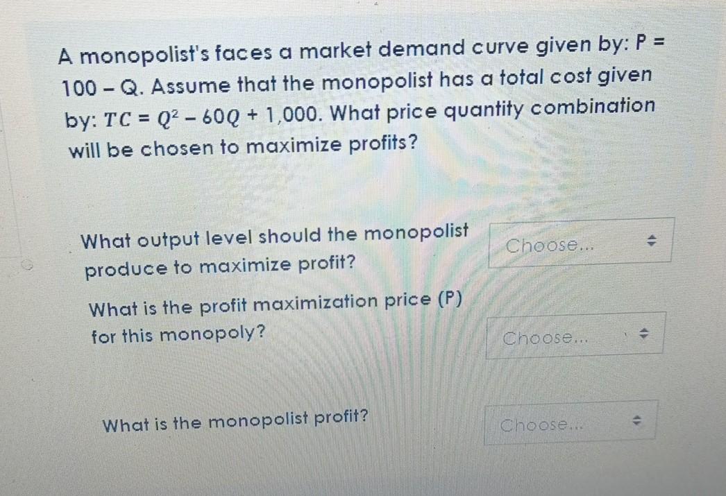Solved A monopolist's faces a market demand curve given by: | Chegg.com
