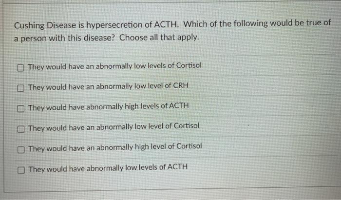 Solved Cushing Disease is hypersecretion of ACTH. Which of | Chegg.com