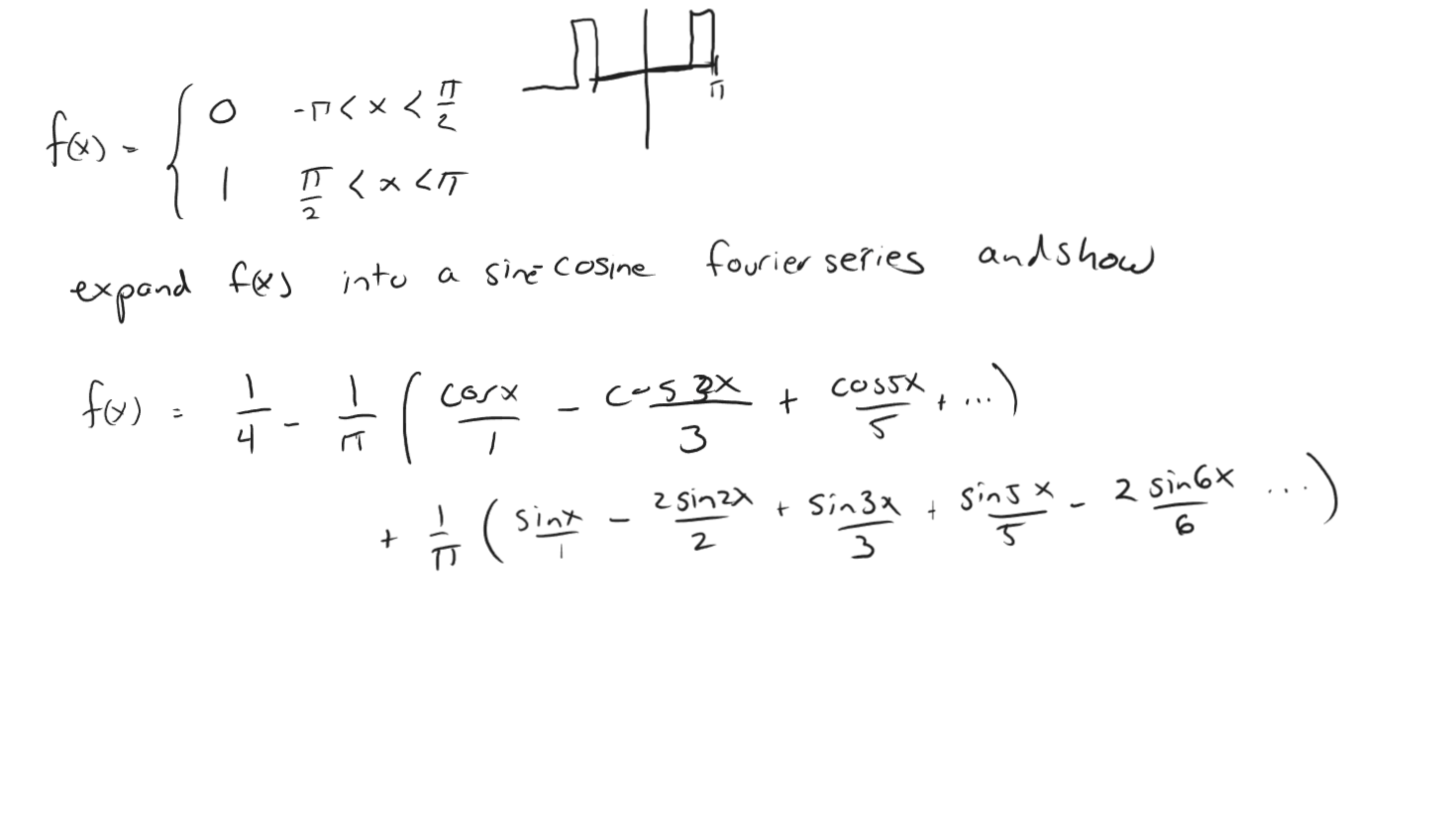 Solved f(x)f(x)=14-1π(cosx1-cos3x3+cos5x5+cdots)+1π(sinx1-2s | Chegg.com