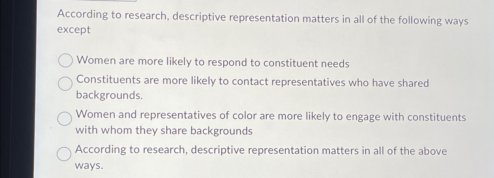Solved According to research, descriptive representation | Chegg.com