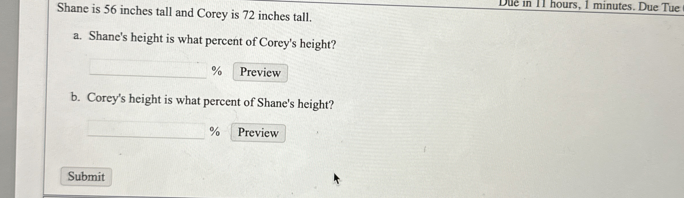 Solved Shane is 56 ﻿inches tall and Corey is 72 ﻿inches | Chegg.com