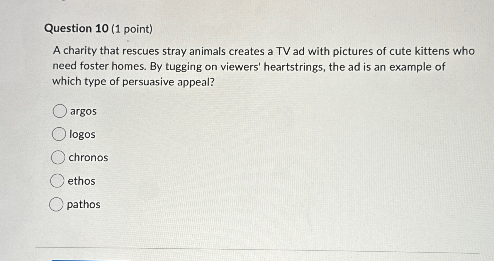 Solved Question 10 (1 ﻿point)A charity that rescues stray | Chegg.com