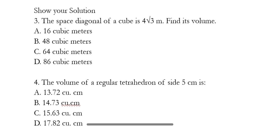 Solved a Show your Solution 3. The space diagonal of a cube | Chegg.com