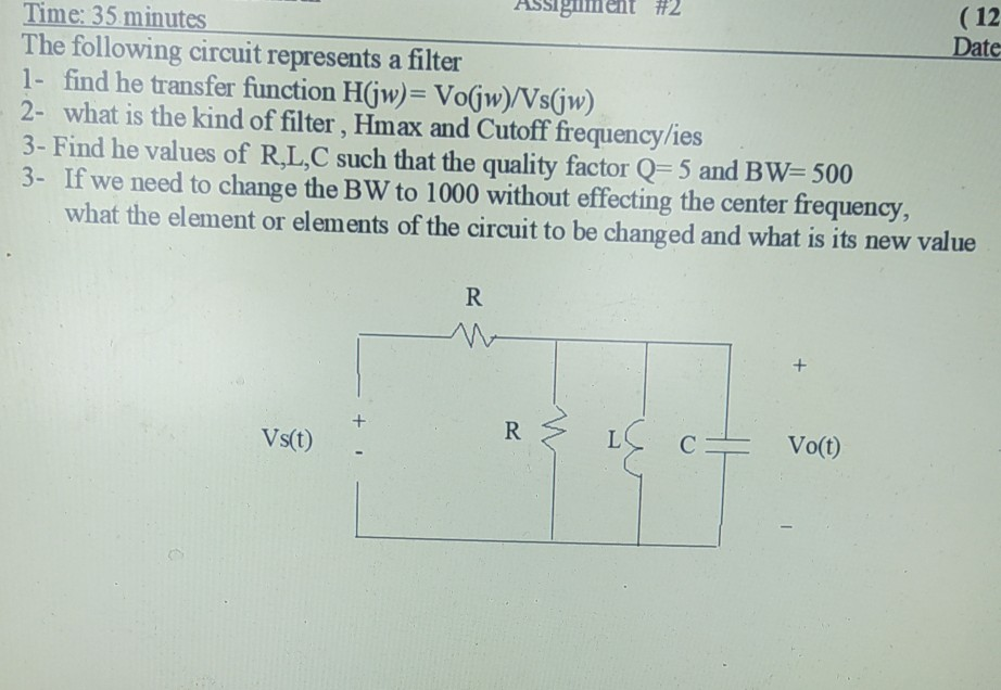 Solved (12 Assignment #2 Time: 35 minutes Date The following | Chegg.com