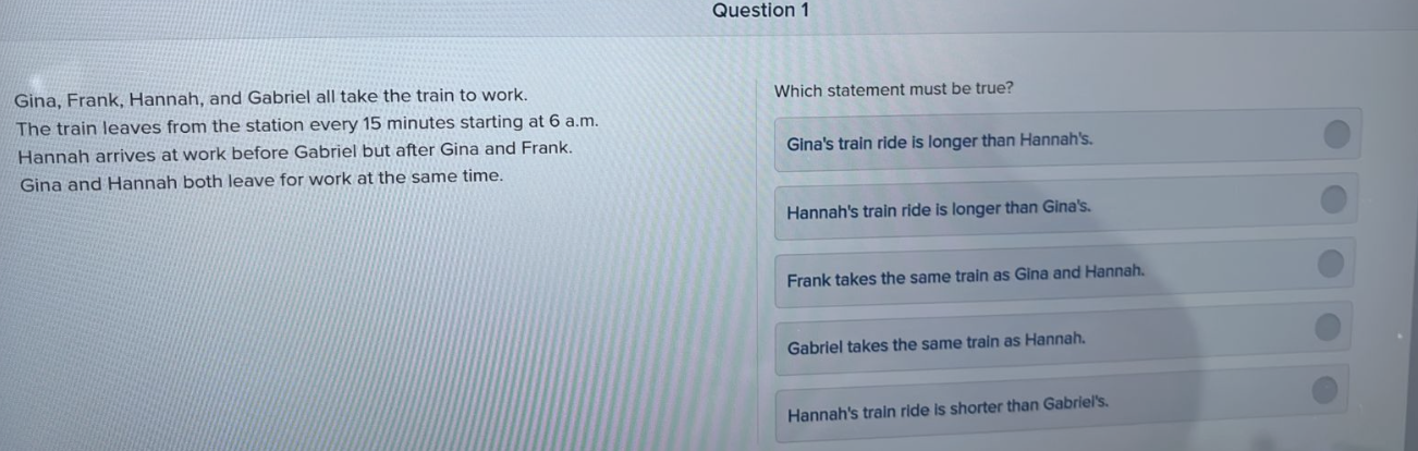 Solved Gina, Frank, Hannah, and Gabriel all take the train | Chegg.com