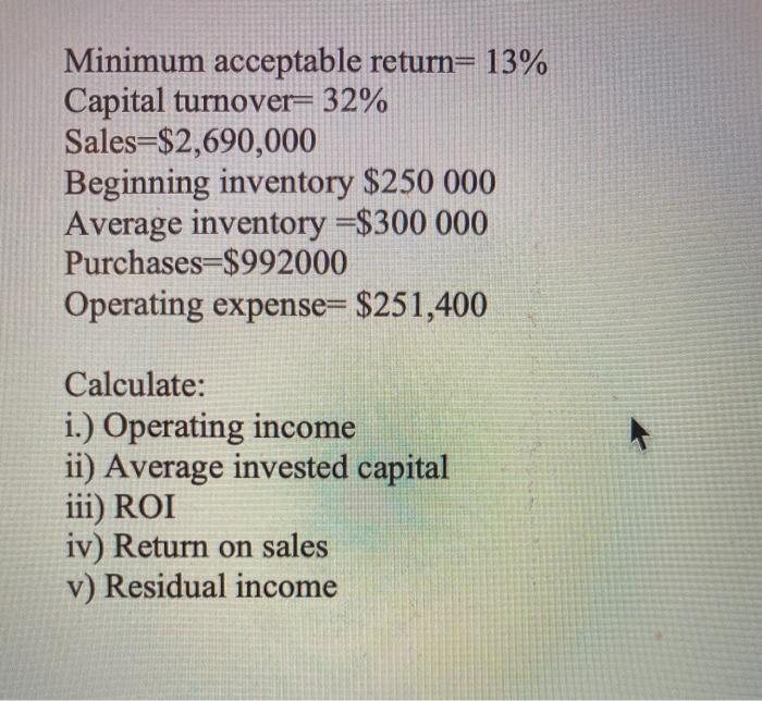 Solved Minimum acceptable return= 13% Capital turnover=32% | Chegg.com