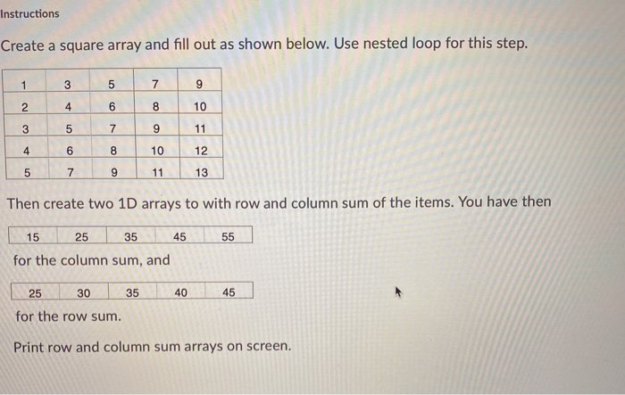 Solved Instructions Create a square array and fill out as | Chegg.com