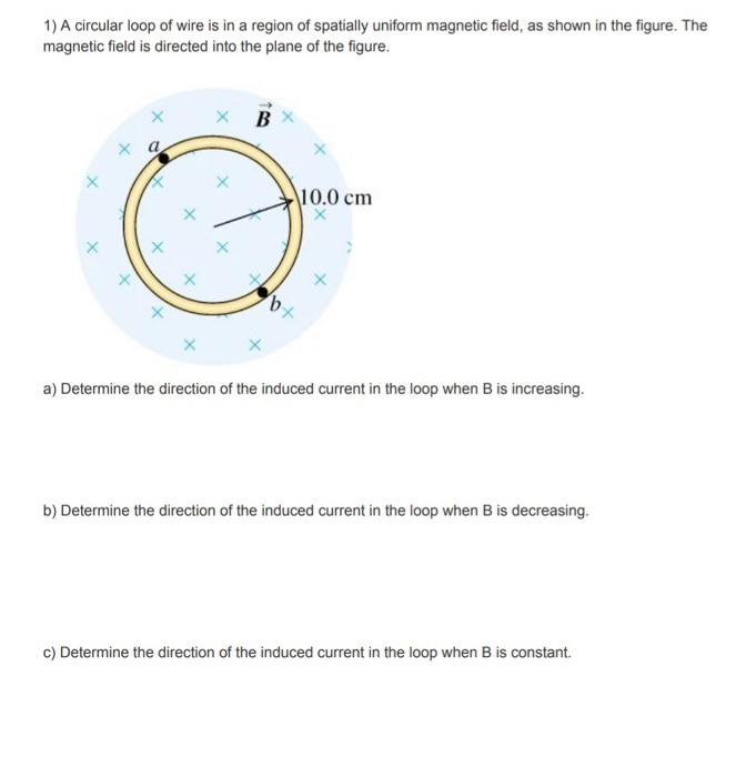 Solved 1) A circular loop of wire is in a region of | Chegg.com