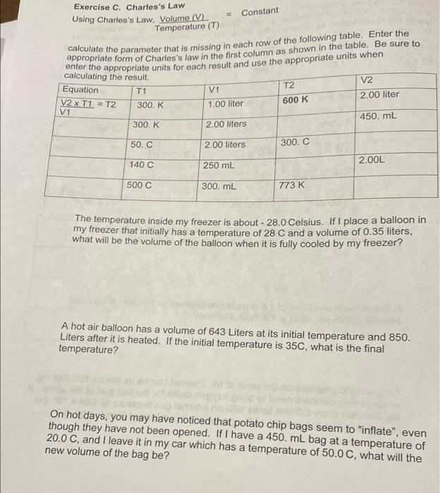 Solved Exercise C. Charles's Law Using Charles's Law. Volume | Chegg.com