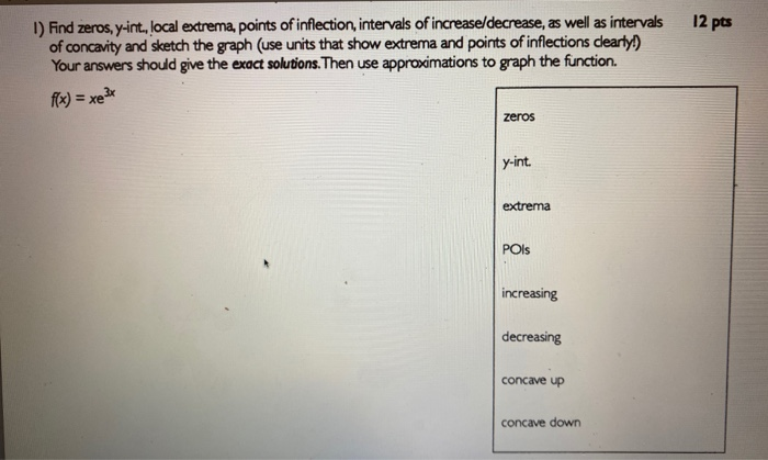 Solved 12 pts 1) Find zeros, y-int., local extrema, points | Chegg.com