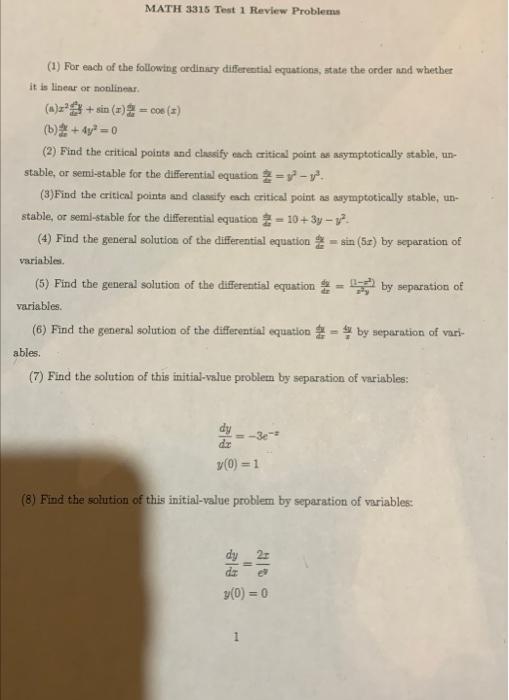 Solved (1) For each of the following ordinary differential | Chegg.com