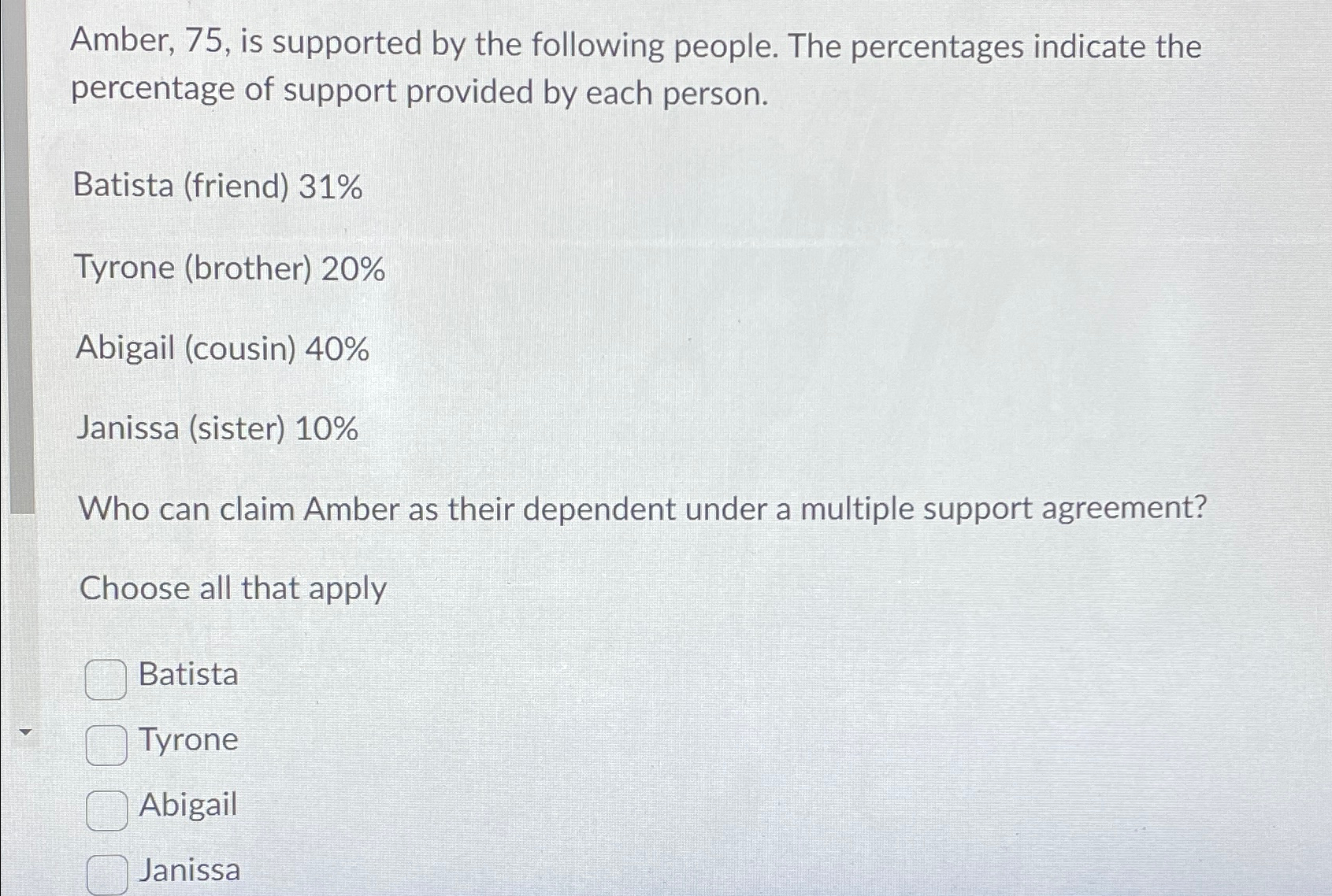 Solved Amber, 75, is supported by the following people. The | Chegg.com