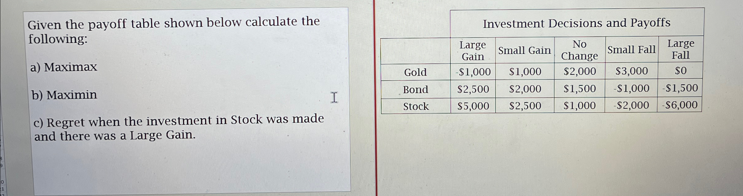 Solved Given the payoff table shown below calculate the | Chegg.com